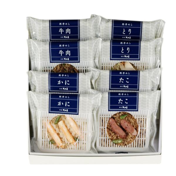 慶応3年創業の金沢の料亭旅館「浅田屋」。かにや牛肉など4種の具材それぞれに合わせただしで、旨みを引き出し炊き上げた石川県産コシヒカリの料亭めし。電子レンジで温めるだけでお召し上がりいただけます。