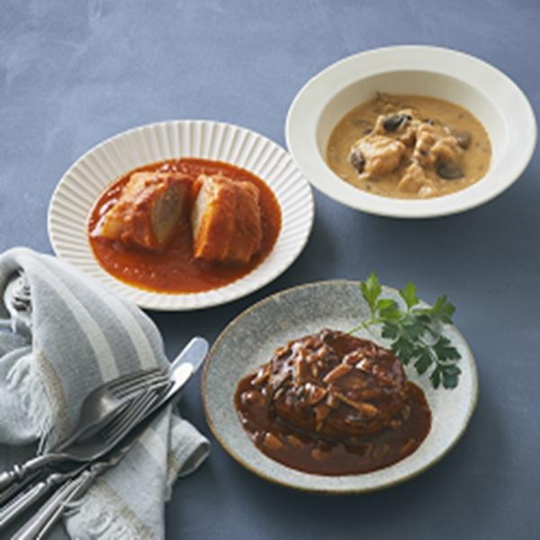 きのこの旨みが美味なデミグラスソースの牛肉１００％旨みたっぷりの「ハンバーグ」、野菜の旨みがぎゅっと詰まったトマトソースで煮込んだ「ロールキャベツ」、コク深い味わいの「桜島どりと4種きのこのクリーム煮込み」を詰め合わせました。夕食のメインに...