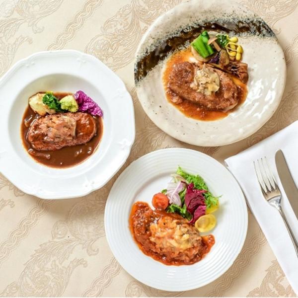 【発売日：2026年06月04日】米沢牛と国産豚を使用した、お肉の旨みをお楽しみいただけるハンバーグです。黄木直営レストラン「金剛閣」のレシピで３種類のソースで仕上げました。湯煎して温めるだけでお召し上がりいただけます。