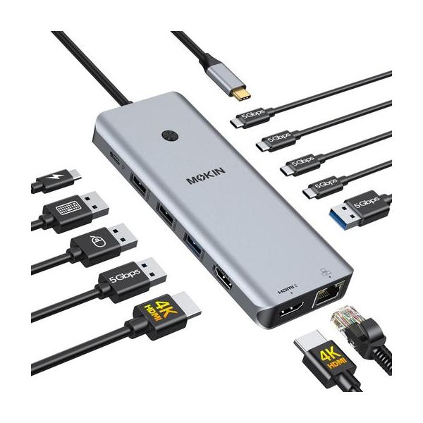 [13-in-1マルチポート多機器同時接続対応]MOKiNUSB-Cドッキングステーション2xHDMIポートを搭載し、デュアルモニター/マルチディスプレイ機能により多画面作業を実現します。除此之外に、100WPD3.0高速充電ポート、4xU...