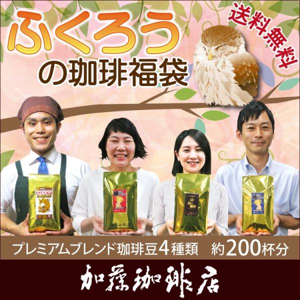 縁起のよい生き物『ふくろう』のように縁起のよさそうな当店自慢のプレミアムブレンド珈琲豆4種類を厳選しました！贈り物にもオススメのセットです！■プレミアムブレンド・しゃちブレンド/500g入袋■勝とうブレンド〜調和した味わいの青ラベル〜/50...
