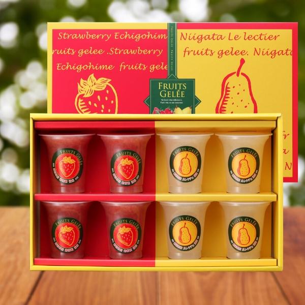 新潟を代表する果物、「越後姫いちご」と「ル レクチエ（洋梨）」豊かな風味をそのままに、果物の美味しさをとじこめたゼリー2種の詰合せです。【送り状品名】新潟フルーツジュレNG-A【産地】　　　国産【内容量】　　120g×8個（越後姫いちご・ル...