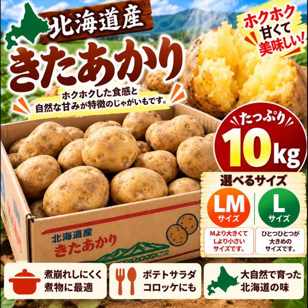 北海道産じゃがいも「きたあかり」10kgです。ホクホクとした食感と自然な甘みが特徴の、北海道生まれのじゃがいもです。ポテトサラダやコロッケ、じゃがバター、マッシュポテトなど、さまざまなお料理におすすめです。LMサイズ・Lサイズからお好みのサ...