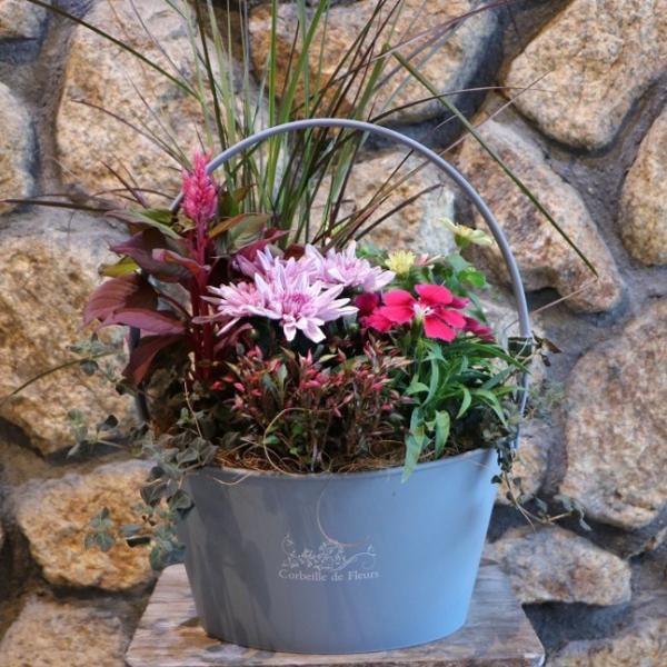 【当店オリジナル】 持ち手付き♪オータムシックカラーガーデン寄せ植え 【現品２５３】写真のものが現品になります。季節の花苗を使い、可愛いパステルカラーの持ち手付き植木鉢に寄せ植えしました♪プロが配色から植え付けまで行ったこだわりの寄せ植えで...