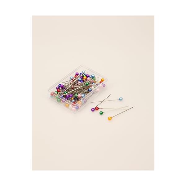 材質：針部分：ステンレス　頭部分：ガラス 直径3mm　サイズ:太さ0.6mm*長さ34mm 95-100本入り一般的な手芸・裁縫に良く使われるサイズです。頭は耐熱ガラスなので、アイロンをあたっても溶けません。針は錆に強いステンレスを使用し、...