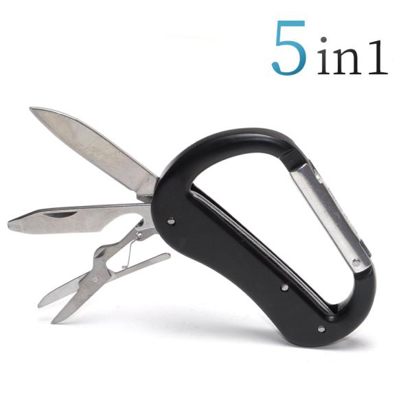 5つの機能が一つになった5in1マルチツールです。カラビナにナイフ、ハサミ、栓抜き、やすりが搭載されており、キャンプや登山、釣り、ハイキングといったアウトドアで大活躍！持ち運び、携帯しやすいコンパクトサイズ。サイズ：約8×5.2×1cm重量...
