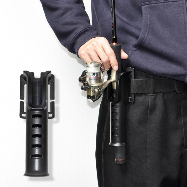 おかっぱり、岸釣りにあると便利！ 釣り竿を固定できるロッドホルダーです。  お手持ちのベルトに通すだけで、簡単に取り付けることが可能です。  釣りポイントの移動やルアー交換、リグチェンジ、ロッド交換の際に 固定して作業できるので、ストレスな...