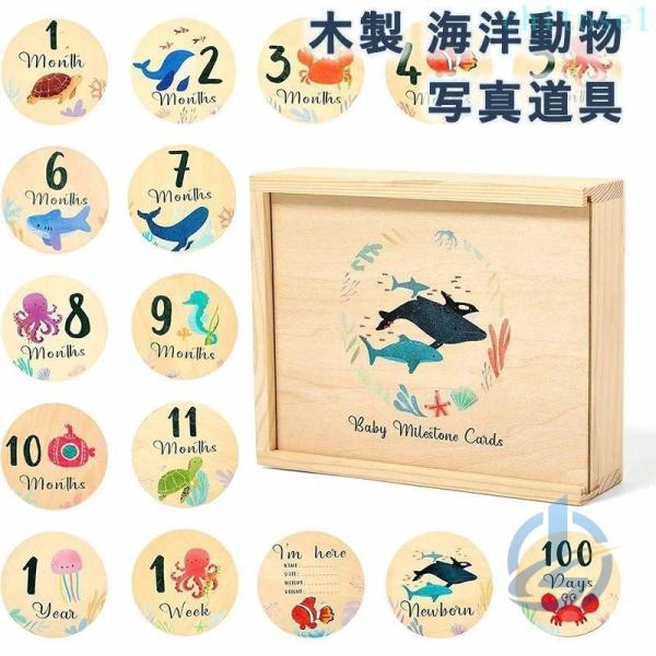 海洋モチーフで成長記録：カニ、タコ、クジラなど、可愛らしく個性豊な海洋生物のデザインが８枚で表裏合計16種類。Hello worldの0ヶ月から、1歳まで使えて、生まれた時のサイズも記録できます。ベビーの節目となる大切な成長記録をユニークに...