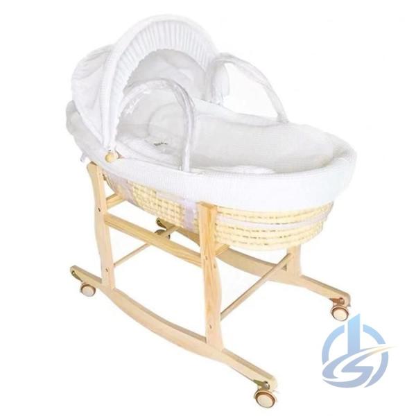 【製品仕様】重量/約7kg 荷重/約25Kg サイズ/上の図に示す【材質】トウモロコシ皮、小麦茎 、山草【セット内容・付属品】 前掛け、布団、海綿敷、日遮る棚、枕、蚊帳、木製クレードルボトムサポート、ホイール【配件材質】バスケット：トウモロ...