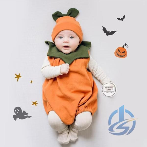 メール便送料無料！可愛すぎる！ベビーのハロウィンかぼちゃコスチューム♪かわいらしいかぼちゃに変身！ハロウィンにぴったりのかわいいベビーサイズのロンパースと帽子の2点セット。＼選べる4サイズ／66、73、80、90の4サイズからお選びいただけ...