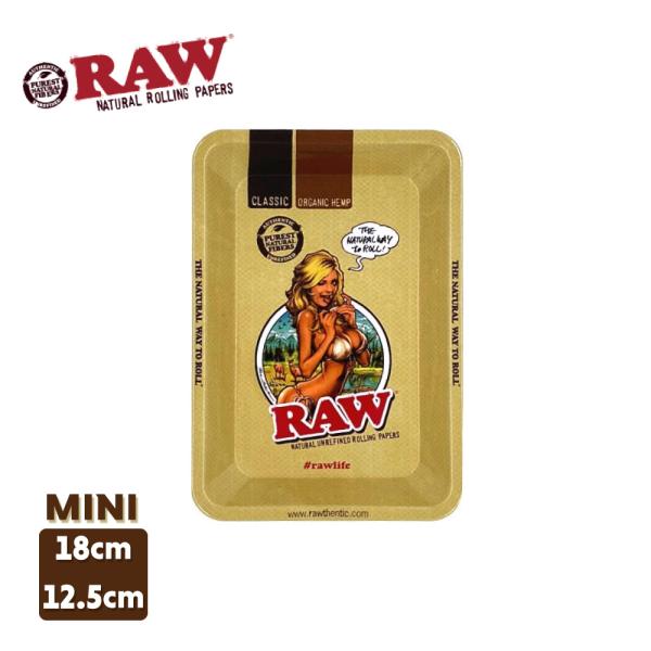 RAWのメタル製ローリングトレイ。ミニサイズ【商品詳細】サイズ：18cm x 12.5cm内容：トレイ1枚シャグ 手巻きタバコ ローリングペーパー ジョイント 喫煙具 タバコトレイ