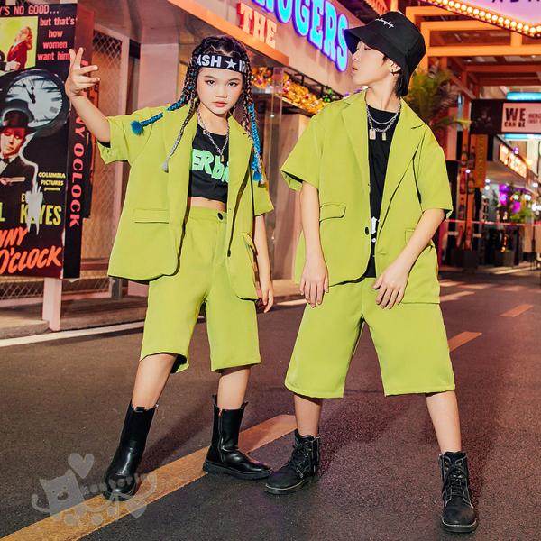 ダンス衣装 ヒップホップ セットアップ スーツ 半袖ジャケット ショートパンツ キッズダンス衣装 ガールズ 男の子 ヒップホップ 派手 K-POP 韓国 緑 ステージ衣装 応援団  練習着  体操服 発表会 hiphop 演出服 おしゃれ ...