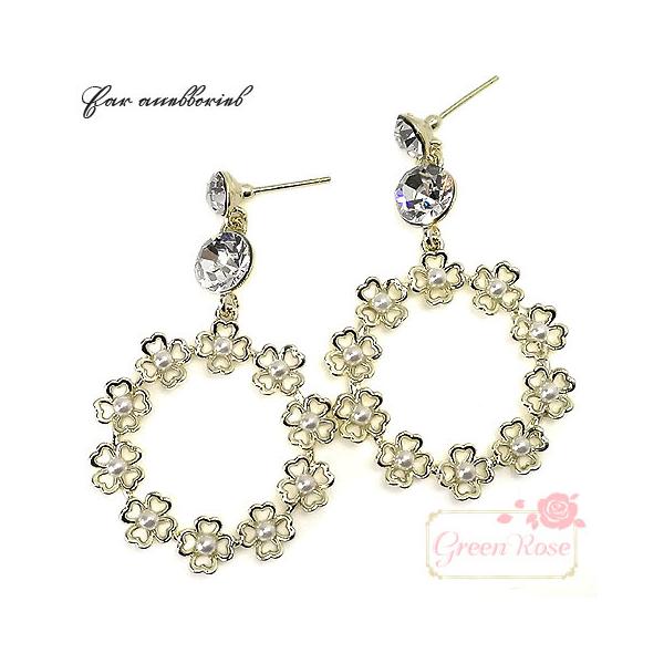 ■商品内容素　材：金属、ガラス、プラスチック数　量：1ペアカラー：ゴールドサイズ(縦×横)：約52×32mm程度、ポスト部分約10mm程度大きめガラスストーンが輝くフラワーサークルピアスです。※接着剤のはみ出し、キズ、汚れ、ストーンのズレ、...