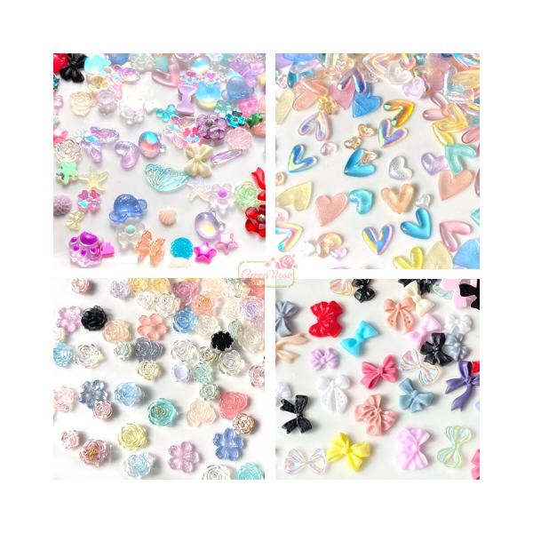 ■商品説明サイズ：5〜13mm程度素　材：プラスチック種類：ミックス　ハート　フラワー　リボン写真はイメージです。実際の商品は写真と内容が違う場合もございます。※重さでの計量のため、個数は商品ごとに異なります。あらかじめご了承ください。※量...