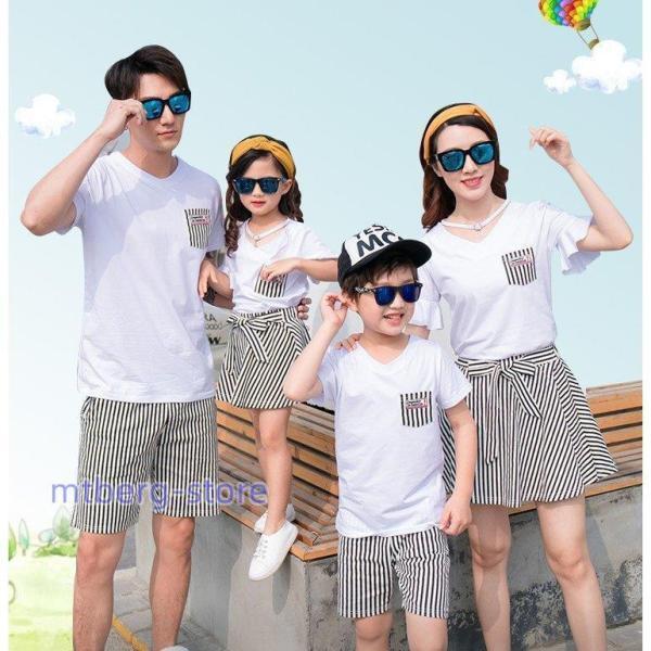 内容パパと男の子：半袖トップス+ショットパンツ2点セットママと女の子：半袖トップス+スカート2点セット素材：綿親子ペアがかわいい！父の日、母の日、、誕生日のギフト、パパ、ママとお子様とのお揃いに◎☆運動会、夏休み、海、プール、旅行、公園、ル...