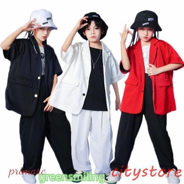 キッズ ダンス 衣装 ヒップホップ ダンススーツ 黒 白パンツ かっこいい ジャケット パンツスーツ 赤シャツ HIPPOP K-pop ジャズダンス 卒業式 スーツ 男の子 女