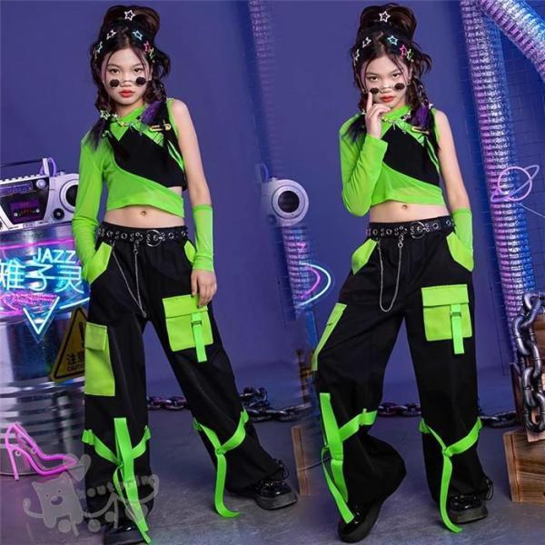 ダンス衣装 ヒップホップ 女の子 黒緑ベスト トップス 切り替えカーゴ パンツ へそ出し  キッズ ガールズ 女の子 セットアップ 派手 K-POP 韓国 ステージ衣装 応援団  練習着  体操服 発表会 hiphop 演出服 おしゃれ 1...