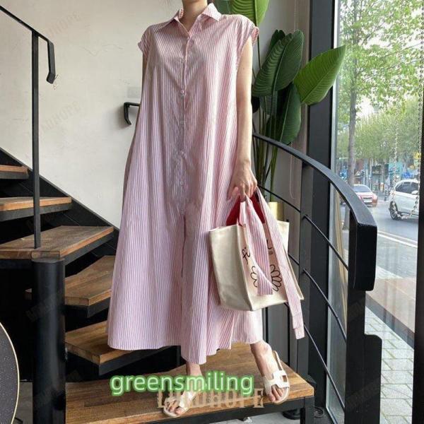 ワンピース シャツワンピース レディース 夏 マキシ丈 半袖 体型カバー 美脚 aライン ポケット付き 綿麻 フレンチスリーブ ストライプ 新作 ゆったり