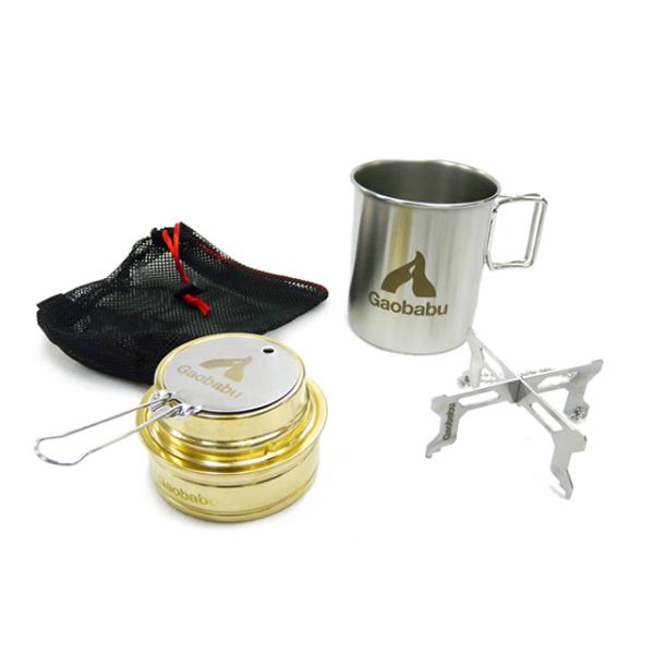 Gaobabuステンマグカップ 300ml + アルコールバーナー + マルチクロス五徳mini + メッシュ収納袋 以上4点のお得なセット販売です。アルコールバーナーのサイズにぴったり合ったマグカップなので、コンパクトに収納出来ます。軽量...