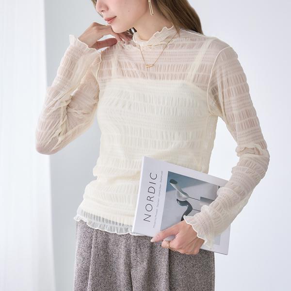 【発売日：2025年09月12日】【G-RICH】透け感が上品。大人フェミニンに映える。オケージョンにも◎スモッキングレースボトルネックプルオーバーシアープルオーバー(春秋冬)◆関連キーワードスモッキングレース シアー トップス レディース...