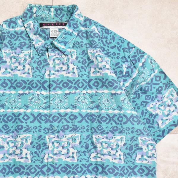 【発売日：2022年05月19日】メンズ XL相当 90s バクスター トライバル柄 麻混 総柄シャツ 幾何学模様 アメリカ 古着 ポリネシアン柄 90s BAXTER ramie brend shirt【実寸】・着丈 約82cm・身幅 約...