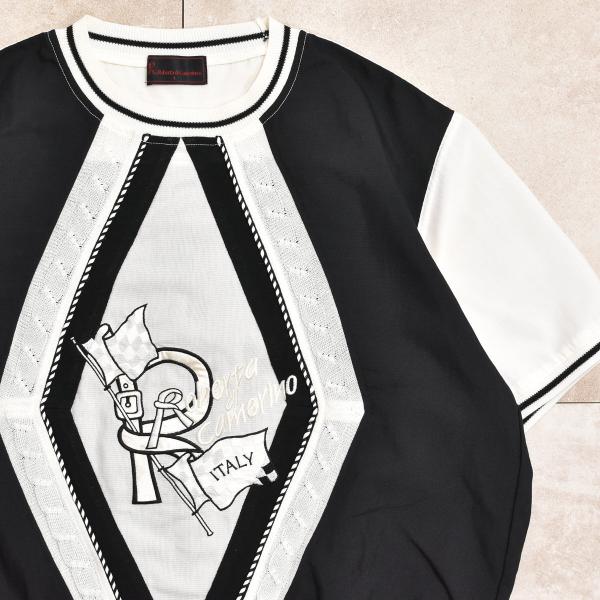 【発売日：2022年07月20日】メンズ Lサイズ 90s〜 ロベルタ・ディ・カメリーノ モノトーン デザインTシャツ イタリア古着 半袖 モノトーン バイカラー 刺繍 ヴィンテージ  90s〜 Roberta di Camerino T-...