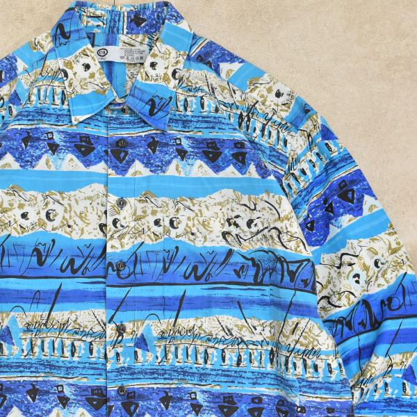メンズ XLサイズ 90s C&amp;A トライバル柄 ボーダー コットン シャツ ヨーロッパ 古着 長袖 90s〜 C&amp;A tribal pattarn shirt【実寸】・着丈 約78cm・身幅 約64cm・肩幅 約52cm・...