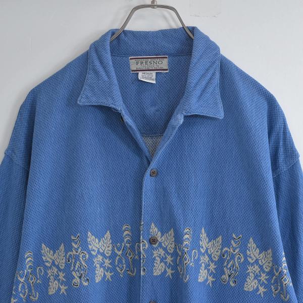 【発売日：2024年07月29日】90s〜 FRESNO エスニック調 モチーフデザイン パネルボーダー シャツ ヴィンテージ 半袖 幾何学模様 ビンテージ USA アメリカ古着 メンズL〜XL相当【実寸】・着丈 約80cm襟付け根から・身...