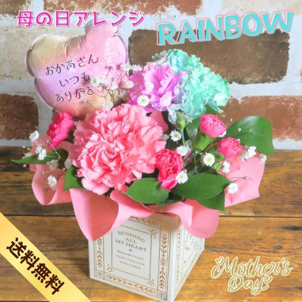 母の日 ギフト  プレゼント 花 カーネーション バルーンアレンジメント 母の日のレインボーアレンジ  バルーン レインボーカーネーション フラワーギフト 花 2026 生花 かわいい　おしゃれ　プチギフト