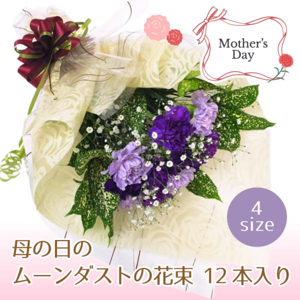母の日 花 ギフト 青いカーネーション 2026 ムーンダスト ブーケ  ムーンダストの花束12本入 プレゼント ギフト カーネーション 青 紫 生花 花束 お祝い 開店祝い 開業祝い 発表会 展覧会 個展 誕生日 長寿祝い 敬老 還暦 傘...