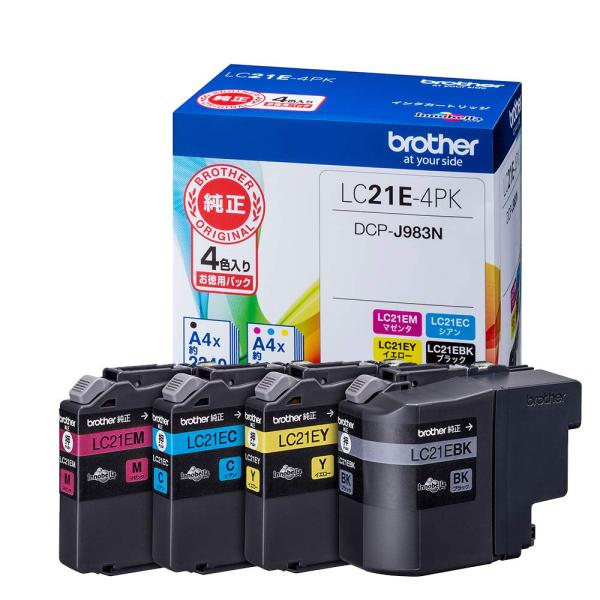 （中古品）brother純正インクカートリッジ4色パック LC21E-4PK 対応型番:DCP-J983N 他商品写真はサンプル写真となっております。写真の商品が届くわけでは御座いません。※通常の中古品のほか、メーカーにて動作点検・調整され...