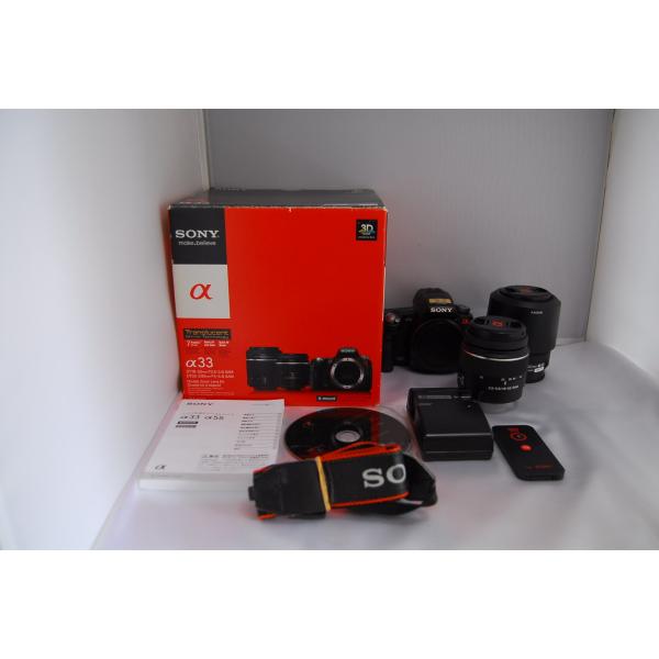 （中古品）SONY デジタル一眼レフ α33(ダブルズームレンズキット) ブラック SLT-A33Y商品写真はサンプル写真となっております。写真の商品が届くわけでは御座いません。用途機能として最低限の付属品はお送りいたしますが取扱説明書、リ...