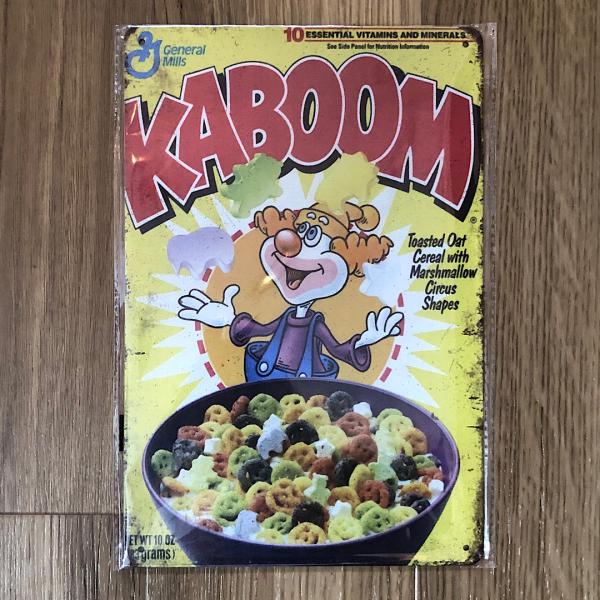 Kaboom Cereal TIN SIGNアメリカンキャラクターのサインボードです！錆びているように見えますが実際には錆びておりませんのでお部屋を汚すことなく飾っていただけます。サイズ : 200mmx300mm(最大寸法）4隅にΦ5mm...
