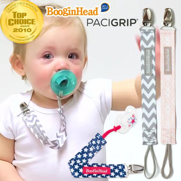 ブーギンヘッド おしゃぶりホルダー パーチー グリップ は、アメリカの現役ママが発明したおしゃぶりを落としたりなくしたりしないためのストラップ。徹底した安全テストが行われ、2010年にはアメリカベビーマタニティマガジンが選ぶ、トップチョイス...