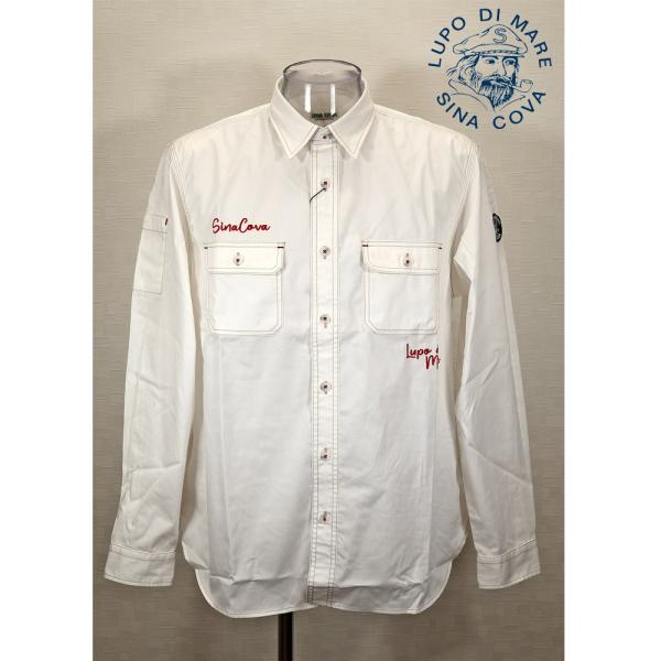 フロントに２つのポケットがあり周辺にSINA COVA ,LUPO DI MARE（イタリア語：海の狼＝パイプをくわえた船長）の刺繍をデザインしたワークシャツです生地に上品な光沢と高級感のあり丈夫なツイル生地を使用ししており、秋や春には羽織...