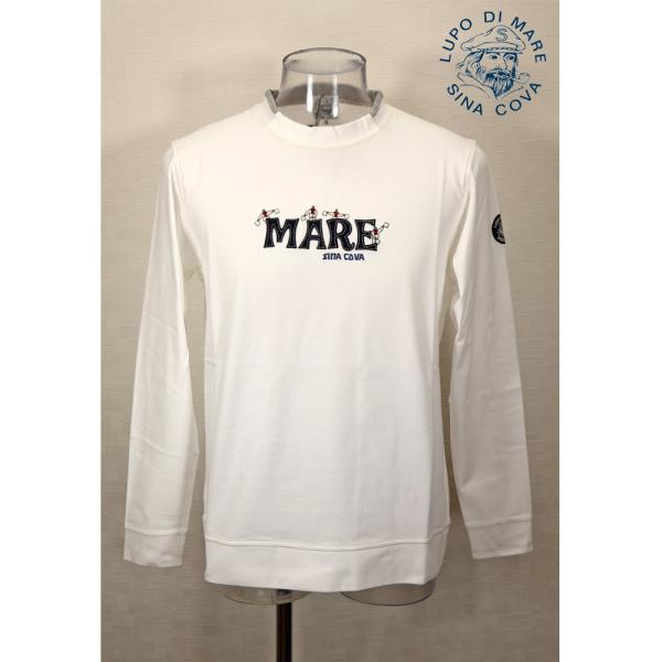 クルーが手旗信号でMARE（イタリア語：海）を表したアップリケ刺繍の入ったモックネック長袖Tシャツです衿のやや高いスタンドネックのデザインで秋から春までご利用いただけるアイテムです左袖小丸ワッペン素材にはストレッチ性の高いオーガニックコット...