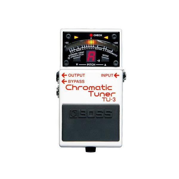 BOSS Chromatic Tuner。TU-3は、BOSSのチューナーのノウハウを継承した、クロマチック・チューナーTU-2の後継モデル。野外での視認性をさらに高める「高輝度モード」の新規搭載や、21個ものLEDによる滑らかなメーター表...