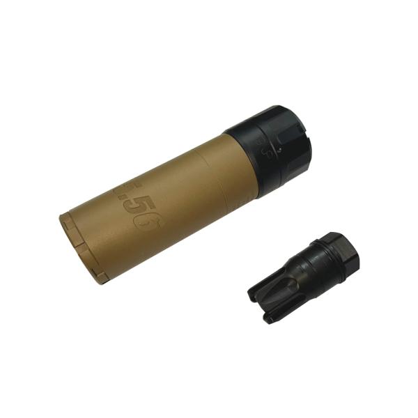 商品名：TaskForce405 SLX556Cサップレッサー/TAN(フラッシュハイダー付属/14mm逆ネジ)全長：約 133mm(サプレッサーのみ)重量：約 168g(サプレッサーのみ)主要素材：スチール、アルミニウム合金等※サプレッサ...