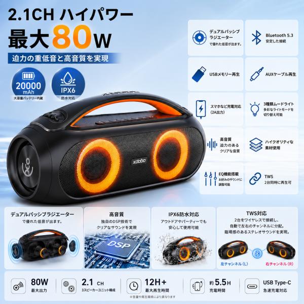 【最大80Wハイパワー・2.1CH高音質】 2基のフルレンジスピーカーと1基のツイーターを搭載した2.1CH構成。最大80Wの迫力あるサウンドで、低音から高音までバランスの取れた高音質を実現します。【デュアルパッシブラジエーター搭載】 左右...