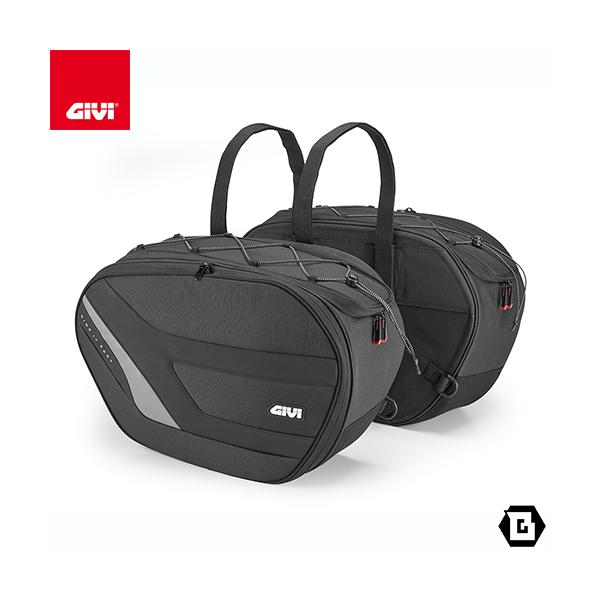 GIVI EASY10は、ツーリングから日常使いまで対応する27〜35L拡張式ソフトサイドバッグの左右セットです。シート下を通す2本のベルクロストラップで車体に固定し、さらにフットペグに掛ける補助ストラップで高い安定性を確保します。背面はR...