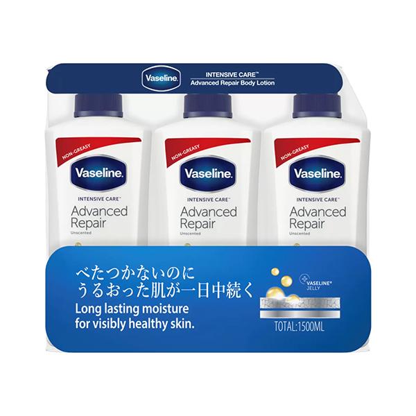 ヴァセリン アドバンスドリペア ボディローション 3本セット (500ml×3本)名称：UJボディミルク原材料名：写真参照内容量：500ml×3本原産国：中国※パッケージデザイン等は予告なく変更されることがあります。※多店舗併売につき、売り...