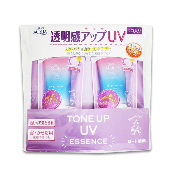 ロート製薬　スキンアクア　トーンアップUVエッセンス　ラベンダー　80g×2個名称：日焼け止め(顔とからだ)内容量：80g×2個使用方法：必ず少量ずつ手のひらにとり、お肌にムラなくのばしてください。 効果を保つため、こまめにぬりなおしてくだ...