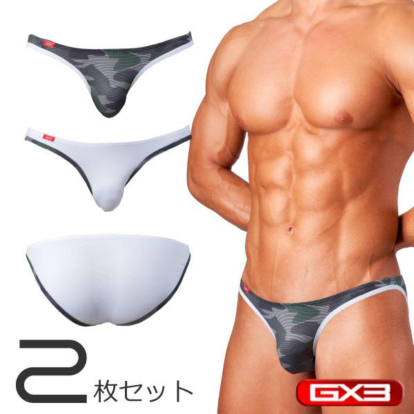 男らしい魅力を引き出すカモフラージュ柄＆ホワイトのスタイリッシュなカラーリングと、シンプルなシルエットがカラダを惹き立てるビキニ。コカン周りをえぐり、脚の付け根に沿ってフォルムを強調するシャープカッティング。バックはお尻の丸みに沿って包み込...