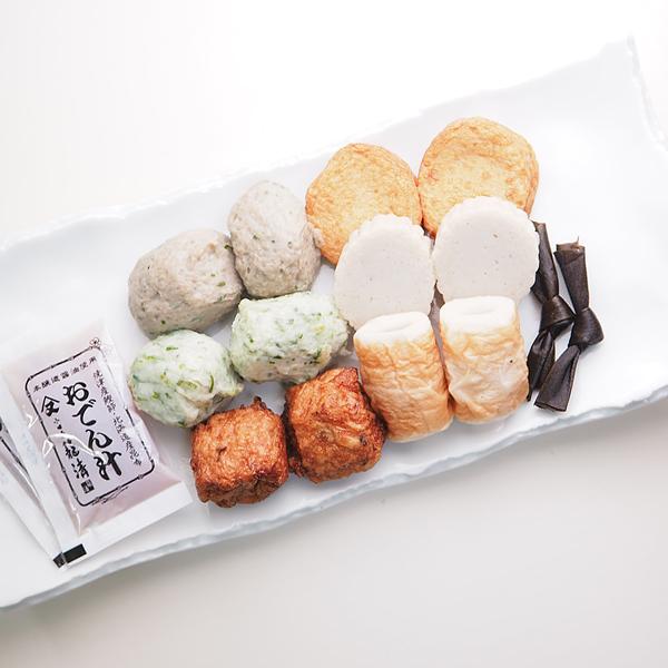 【内容(量)】練り製品12個（さつま揚2個、いわし団子2個、ねぎ団子2個、刻み蒲鉾団子2個、すじ鉾2個、焼きちくわ2個）、結び昆布2個、つゆ20ml×2個【原材料(産地)】おでん種：魚肉（輸入、国産）、ネギ、卵白（卵を含む）、砂糖、還元水あ...