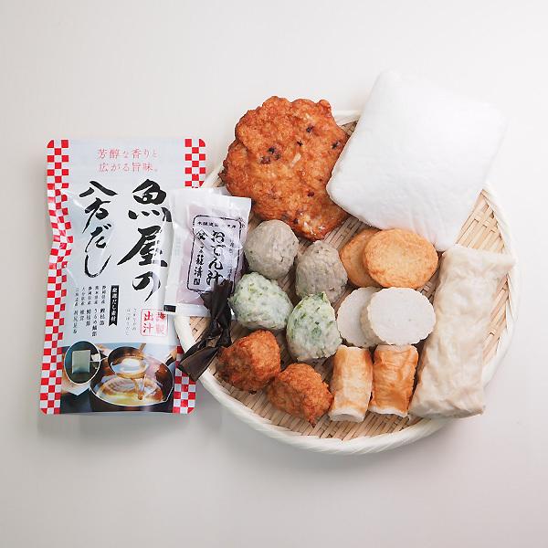 【内容(量)】おでんパック（練り製品12個（さつま揚2個、いわし団子2個、ねぎ団子2個、刻み蒲鉾団子2個、すじ鉾2個、焼きちくわ2個）、結び昆布2個、つゆ20ml×2個）、いかいっぱい1パック、すじ1本、はんぺん1個、魚屋の八方だし（8g×...