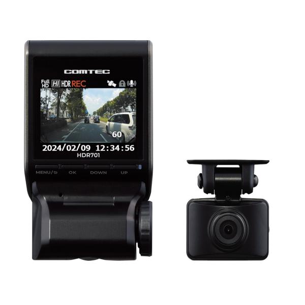 「HDR701」は前後200万画素、運転支援機能7項目を搭載した前後FullHD2カメラモデル2.0インチフルカラーTFT液晶ディスプレイを搭載した本体は67（W）×49.3（H）× 30.9（D）mm・108.9gリアカメラはリアガラス／...