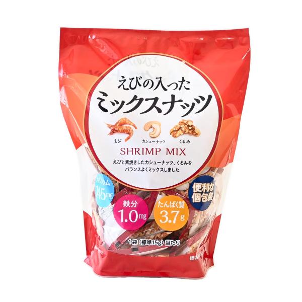 内容量：420ｇ（標準28袋入り）便利な個包装パック1袋でカルシウム・鉄分・たんぱく質を美味しく補給えびの旨味とナッツのコクが絶妙にマッチ。コク深いカシューナッツにくるみ、そして噛むほどに風味が広がる小エビ。3つの個性のバランスで調和してい...