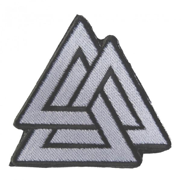 ◇素材:ポリエステル◇サイズ：縦7cm 横7.5cm◇生産国：中国◇裏面マジックテープでベルクロ部分に装着できます。◇メス側付属します。◇商品名：ベルクロワッペン ノルウェーバイキング ヴェルハラ トライアングル 白