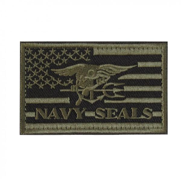 ◇素材:ポリエステル◇サイズ：縦5cm 横8cm◇生産国：中国◇裏面マジックテープでベルクロ部分に装着できます。◇メス側付属します。◇商品名：ベルクロワッペン 星条旗＆Navy SEALs 緑 ネイビーシールズ