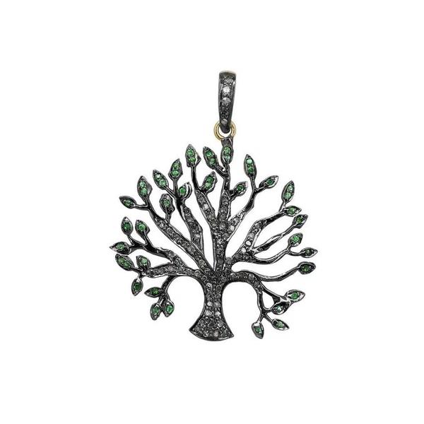 生命の樹ペンダント 天然パヴェダイヤモンド ツァボライト 宝石 シルバージュエリー Tree Of Life Pendent natural Pave Diamond Tsavorite Gemstone Silver Jewelry